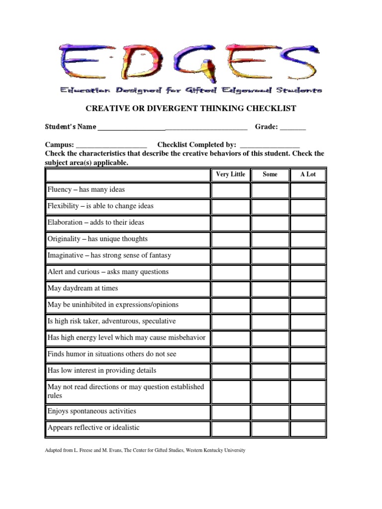 Creative Thinking Characteristics Checklist | PDF