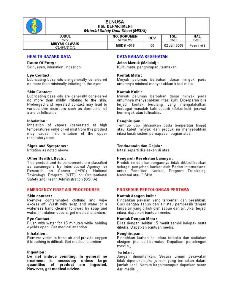 Msds - 018 Clavus Oil | PDF | Peralatan Perlindungan Diri | Keselamatan