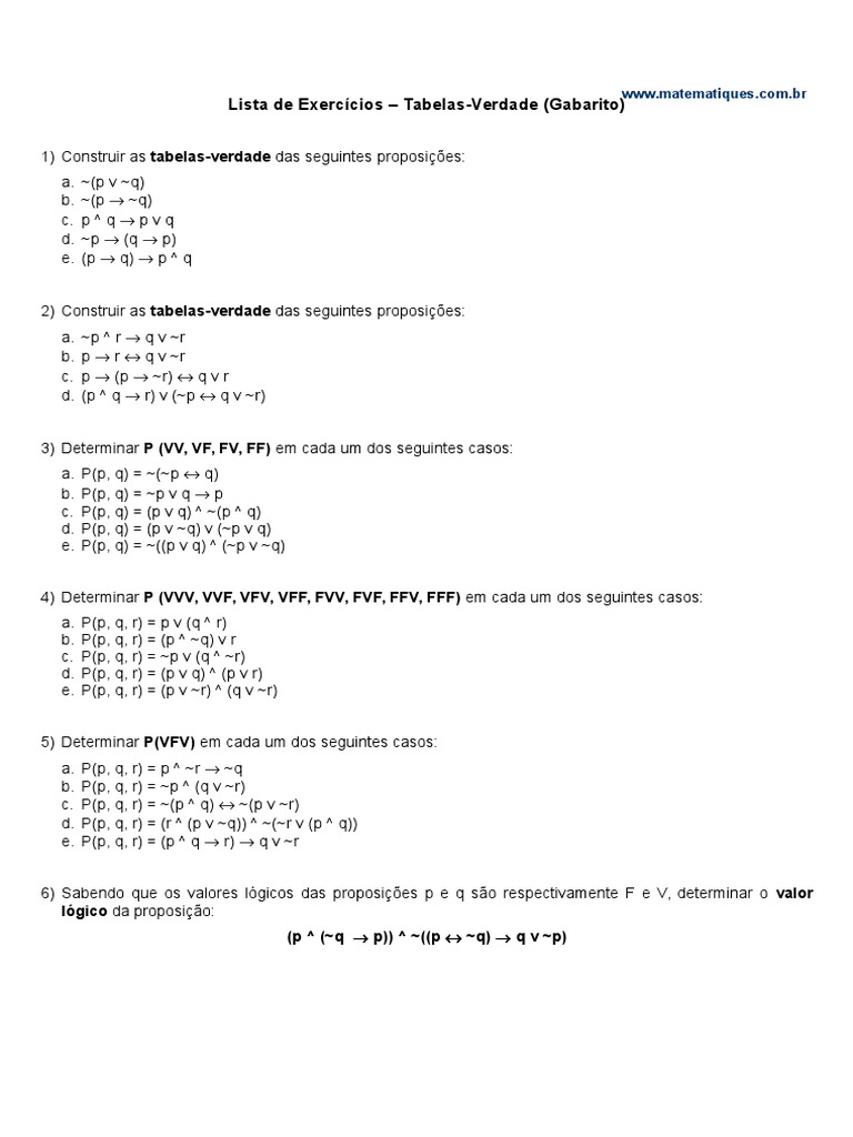 Exercícios Tabela Verdade | PDF