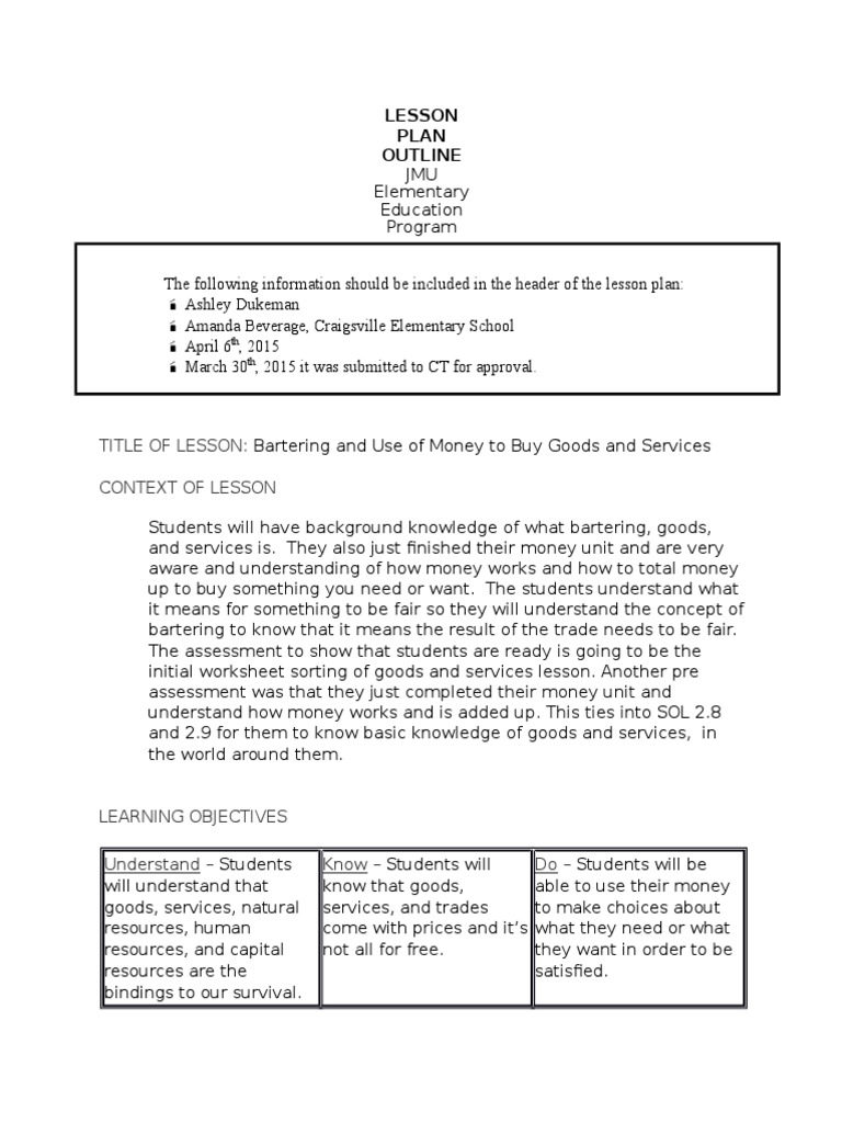 Bartering and Money Lesson Plan | PDF | Understanding | Educational ...