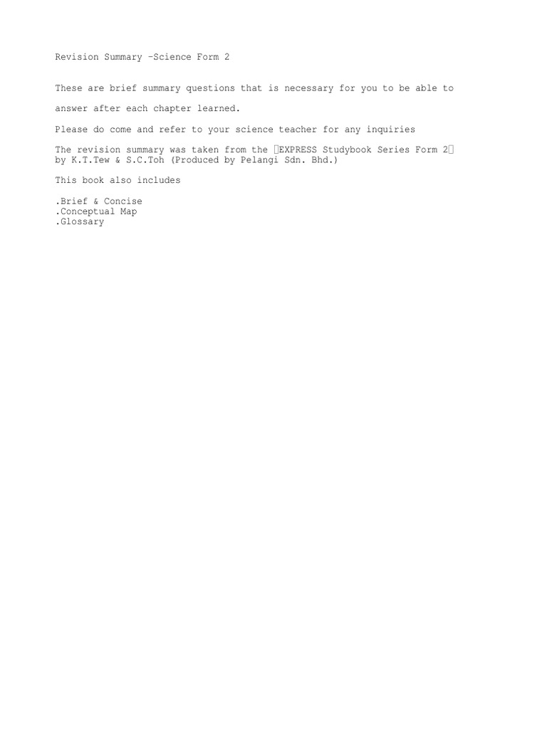 Science Form 2 Revision Summary | PDF | Properties Of Water | Water