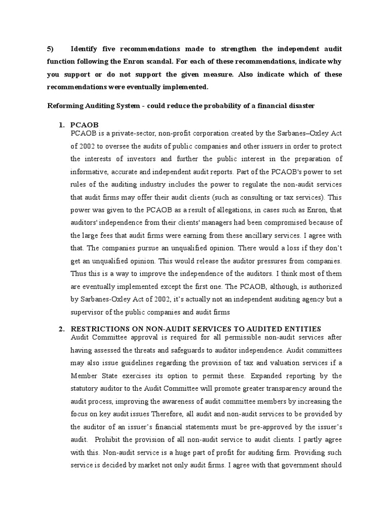 Recommendations Made To Strengthen The Independent Audit Function ...