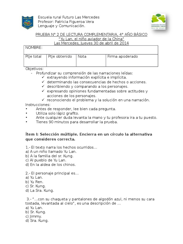 Prueba de Lectura 4° Básico | PDF | Oración (Lingüística) | Idiomas