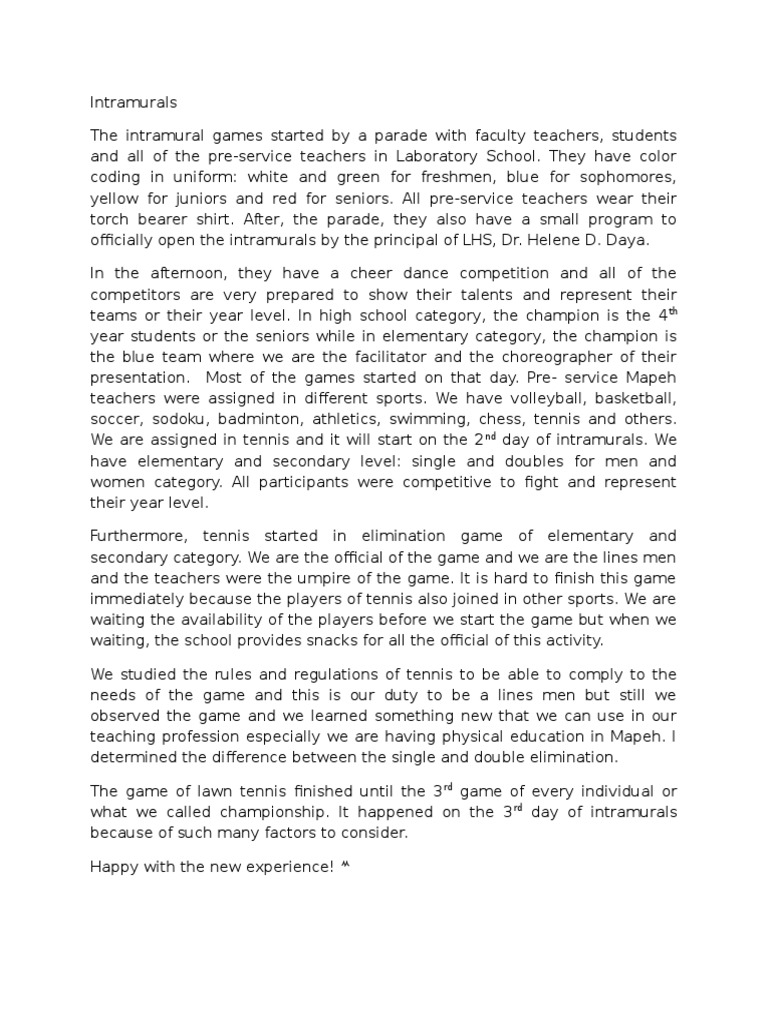 Narative Intramurals | PDF | Teachers | Leisure
