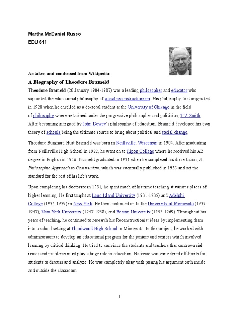 Biography Theodore Brameld | Cognition | Psychology & Cognitive Science