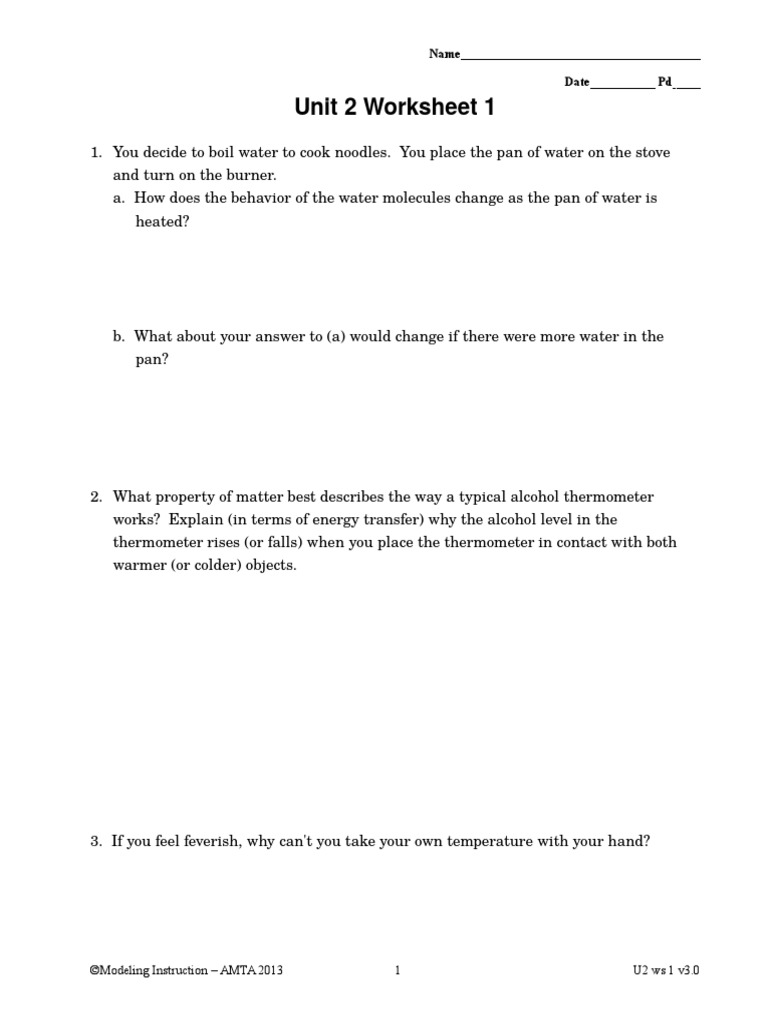 Chemistry Unit 2 Worksheet 1 | PDF | Thermometer | Temperature