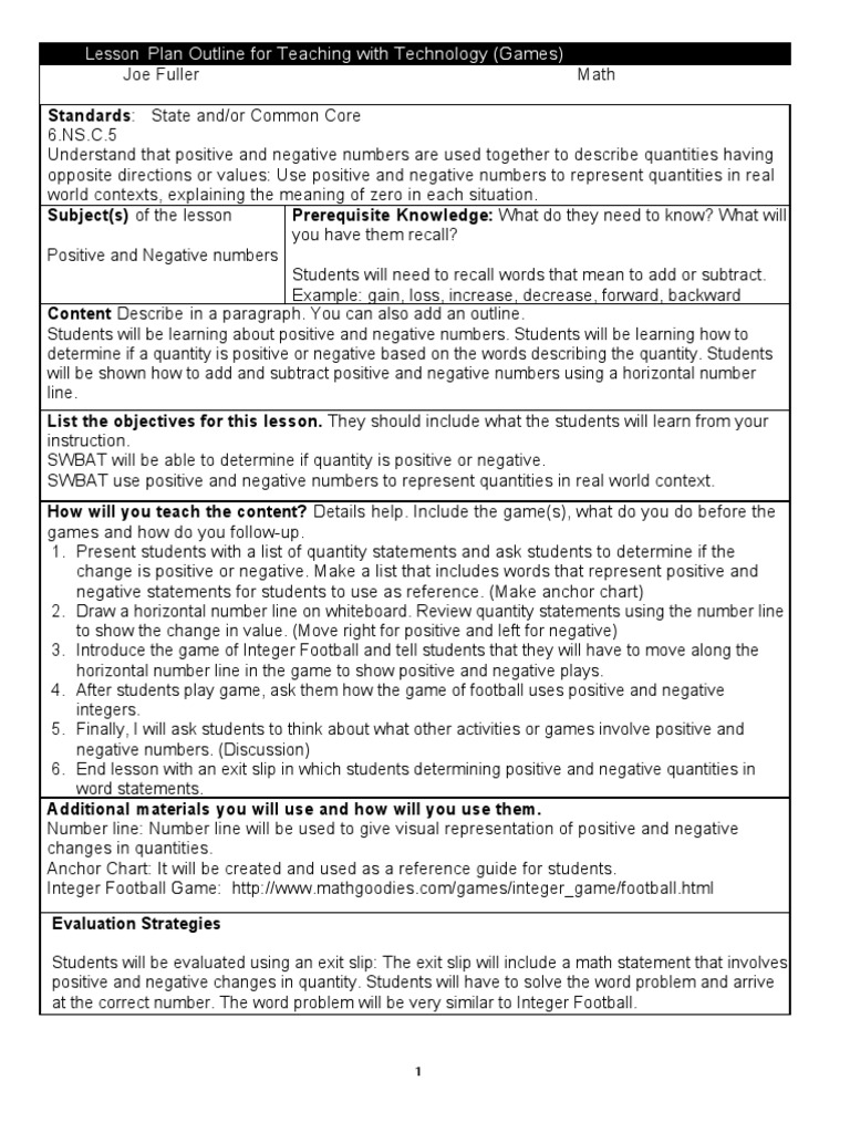 Integer Football | PDF | Lesson Plan | Epistemology