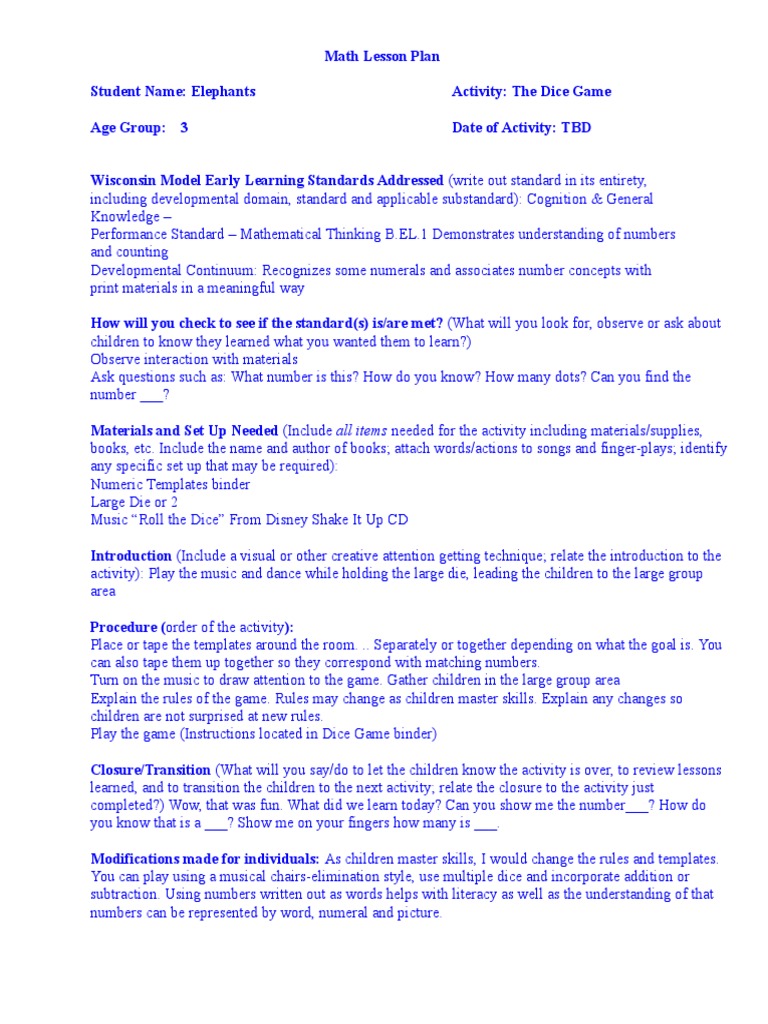 Dice Game Math Lesson Plan | PDF | Lesson Plan | Neuropsychology