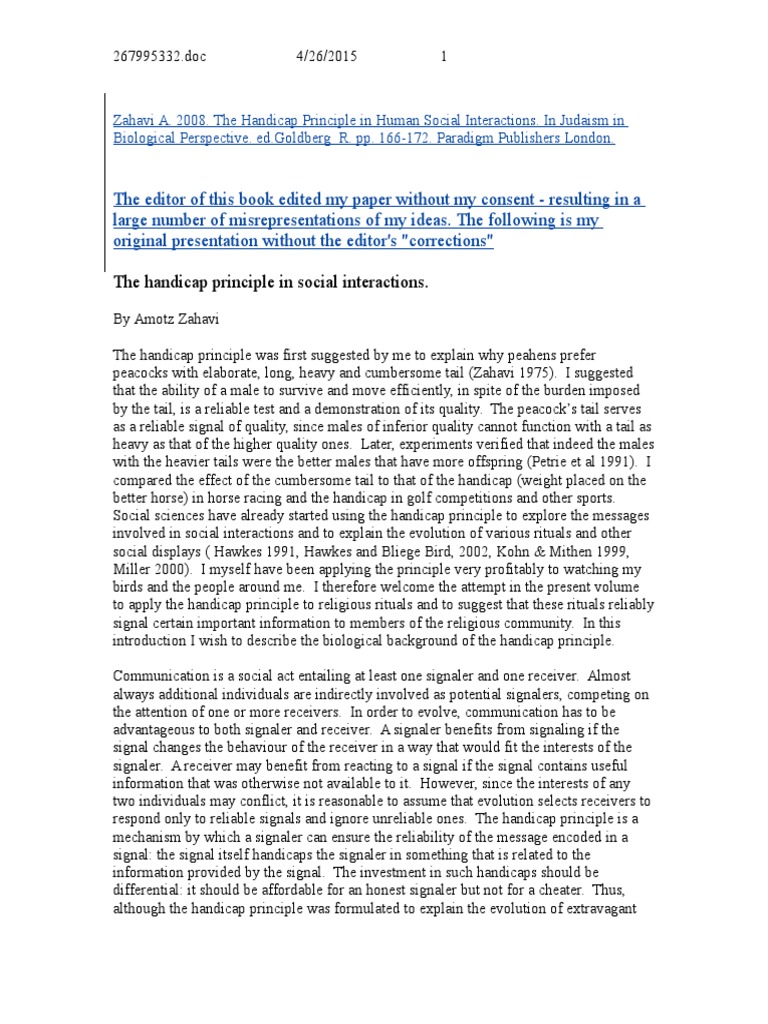 Handicap Principle in Social Interactions | PDF | Altruism | Zoology