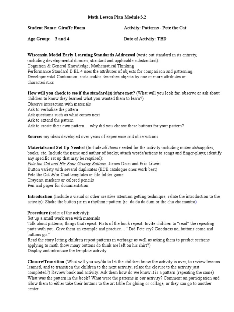 Lesson Plan - Math Patterns (Pete The Cat) | PDF | Lesson Plan | Cognition