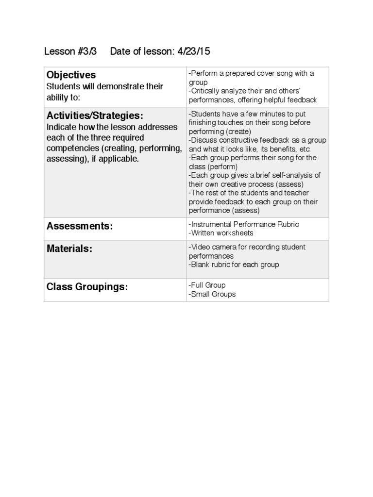 Cover Song Performance Lesson Plan | PDF | Career & Growth | Language ...