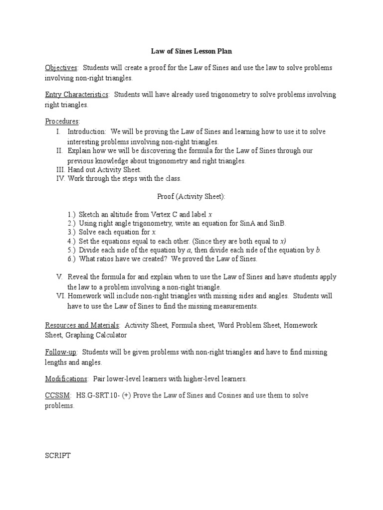 Lesson Plan-Law of Sines | PDF | Triangle | Trigonometric Functions