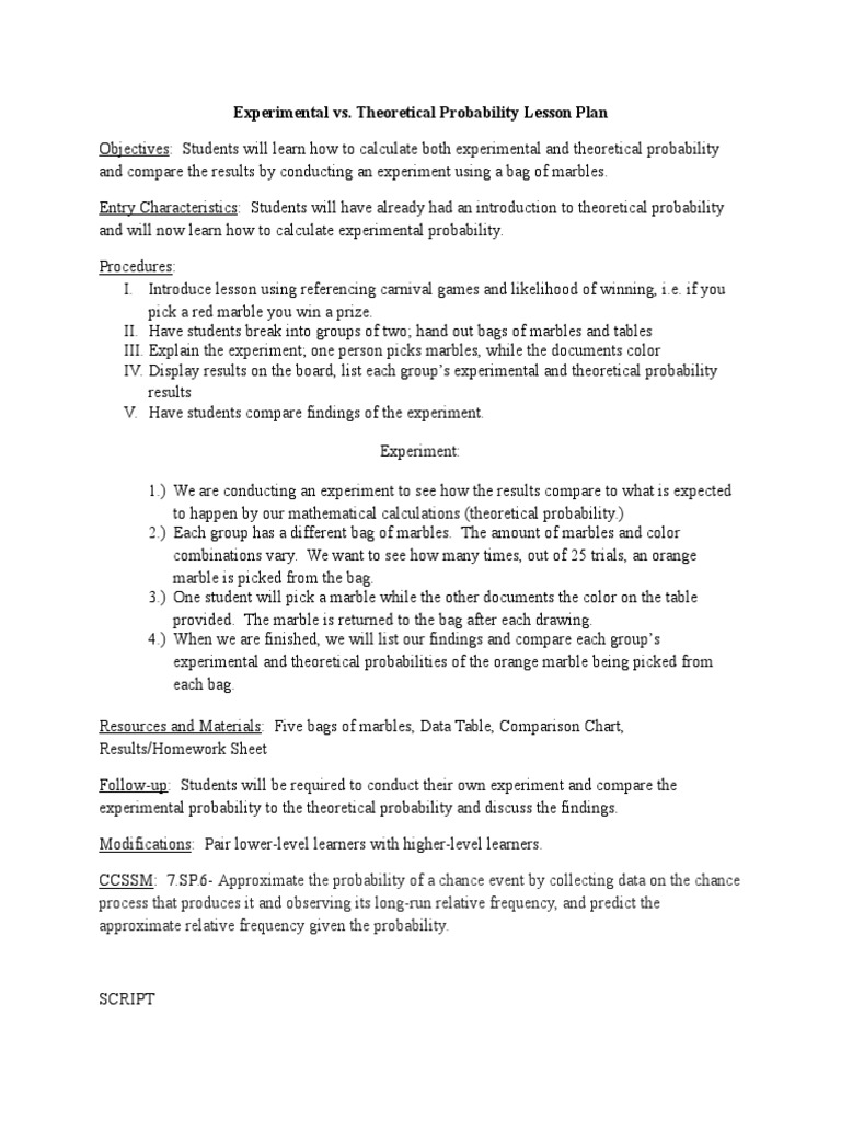 Lesson Plan-Probability | PDF | Experiment | Probability