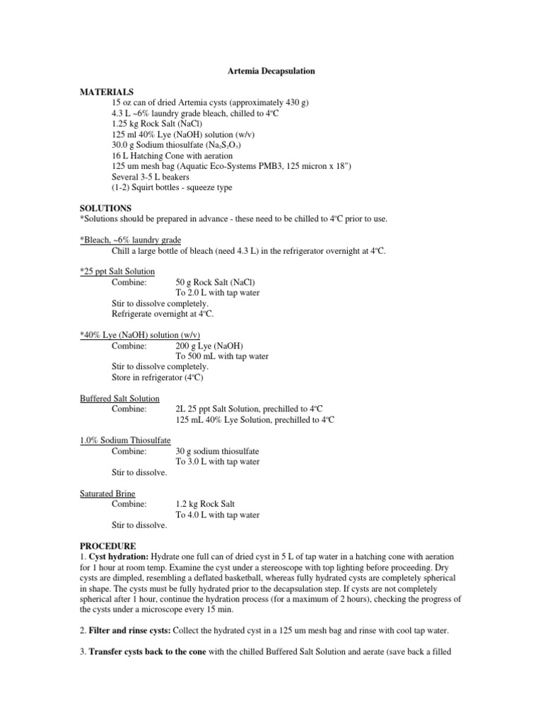 Artemia Decapsulation Pdf Sodium Chloride Sodium Hydroxide
