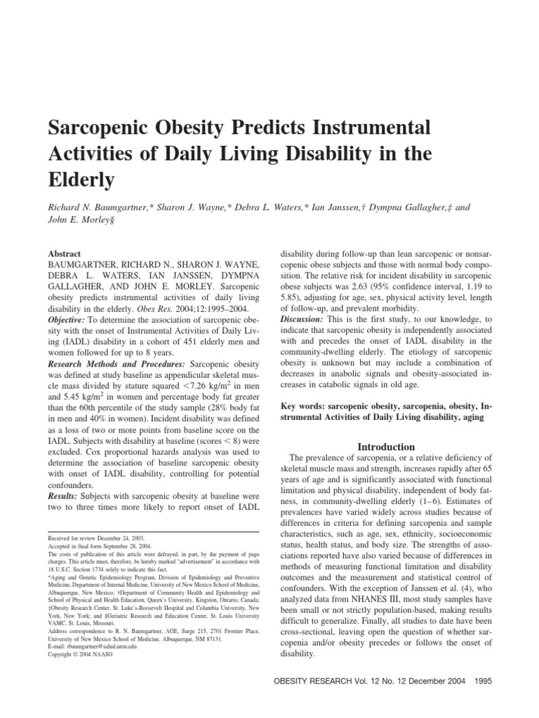 Sarcopenic Obesity Predicts Instrumental Activities of Daily Living Disability in The Elderly ...