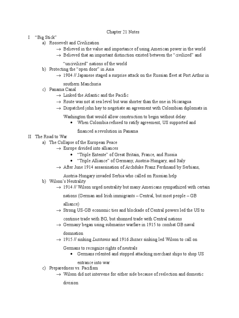 Chapter 21 Notes on Roosevelt, WWI, and Post-War Turmoil | PDF ...