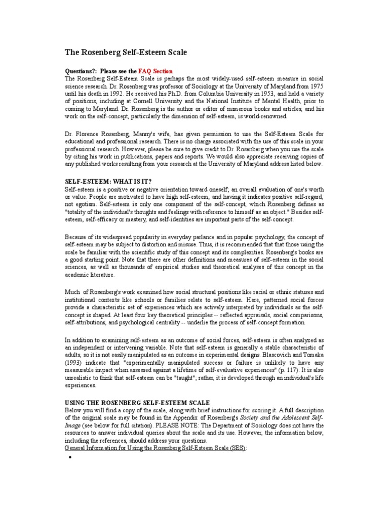 The Rosenberg Self Esteem Scale | PDF
