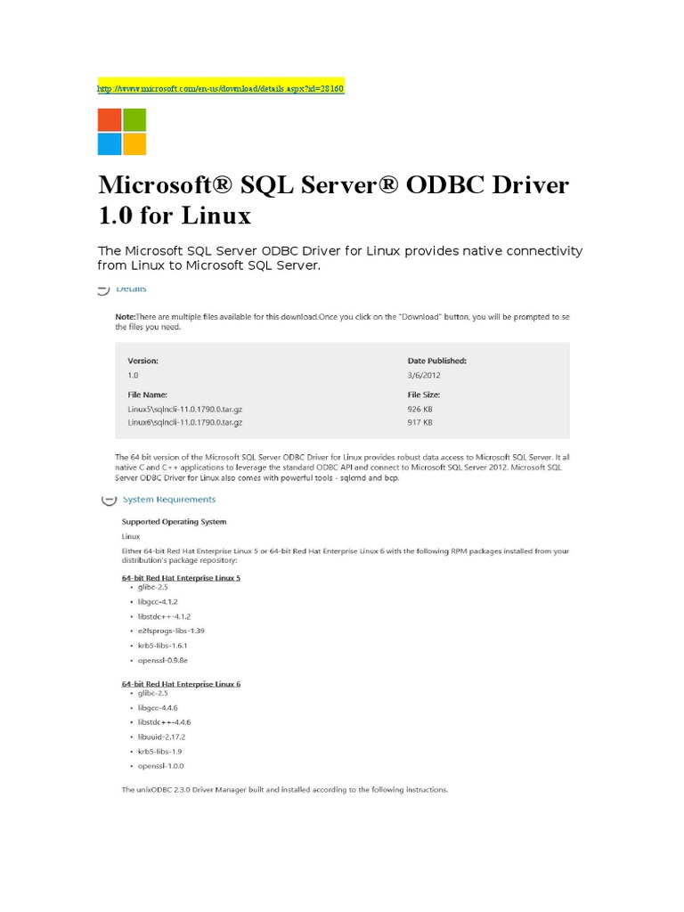 Microsoft® SQL Server® ODBC Driver 1.0 For Linux | PDF | Microsoft Sql ...