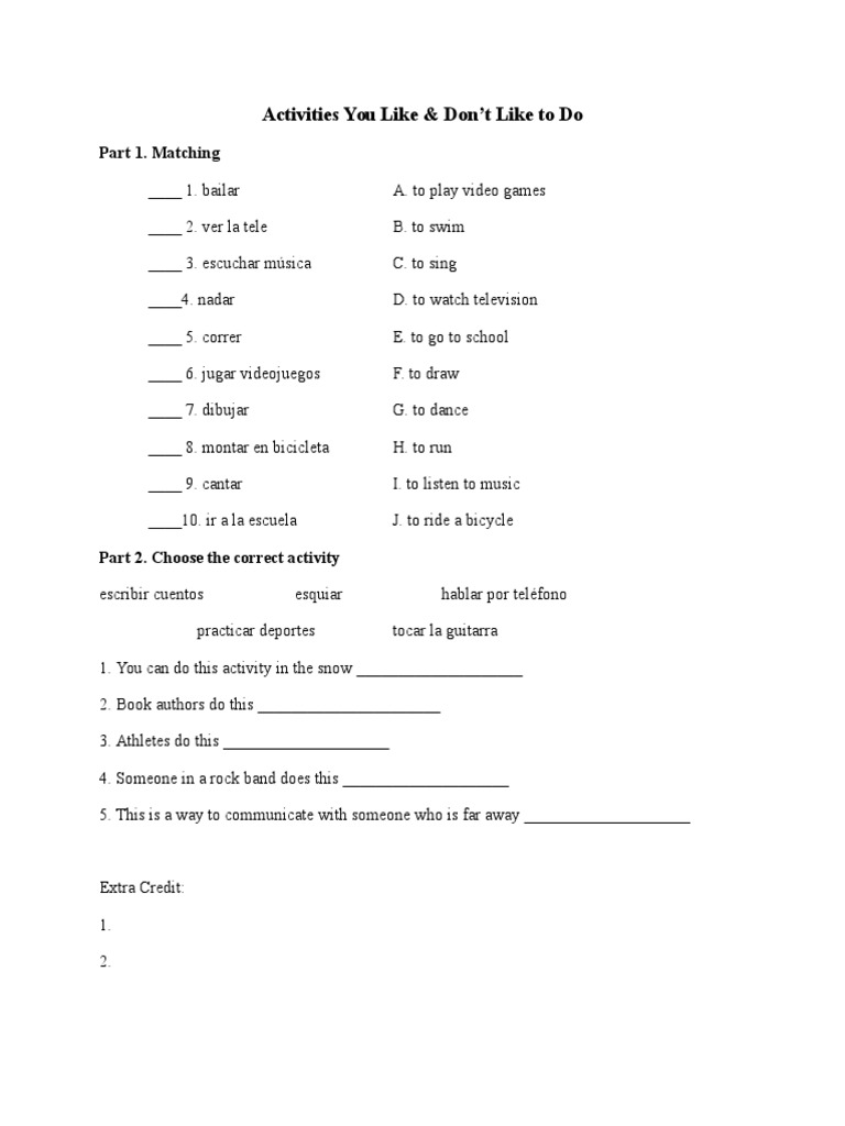Spanish Activity Matching Quiz | PDF