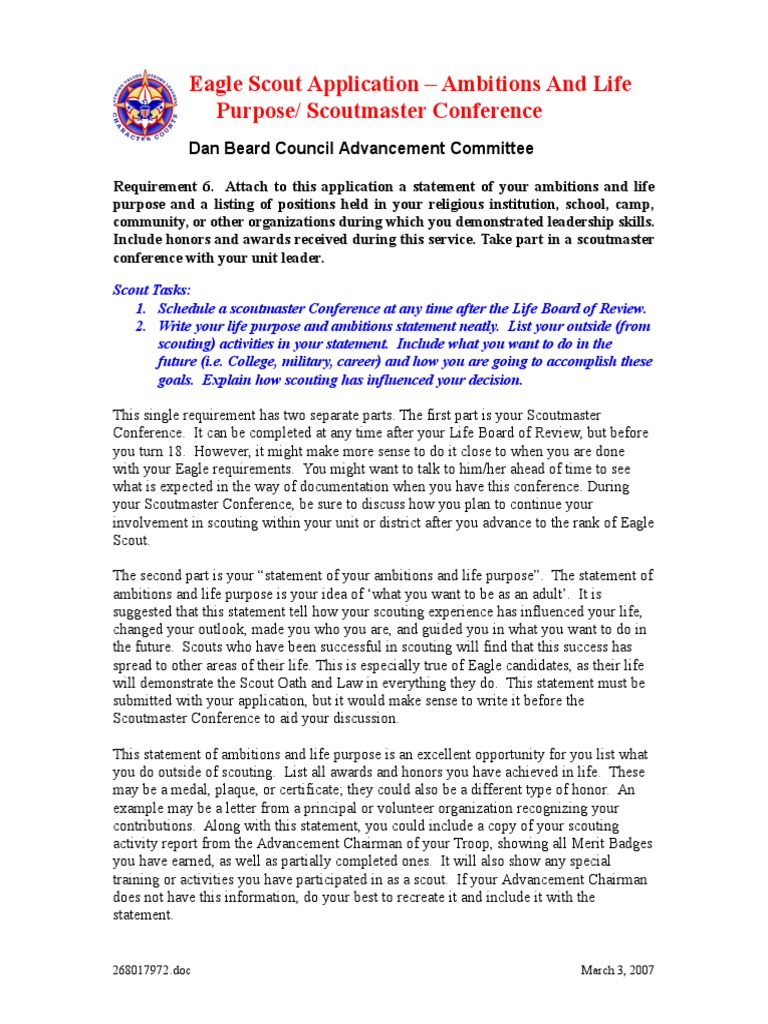 Eagle Scout Ambitions & Life Purpose Statement | PDF | Outdoor Recreation Organizations | Youth ...