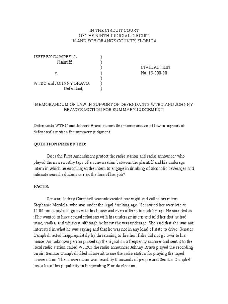 Memorandum of Law | First Amendment To The United States Constitution ...