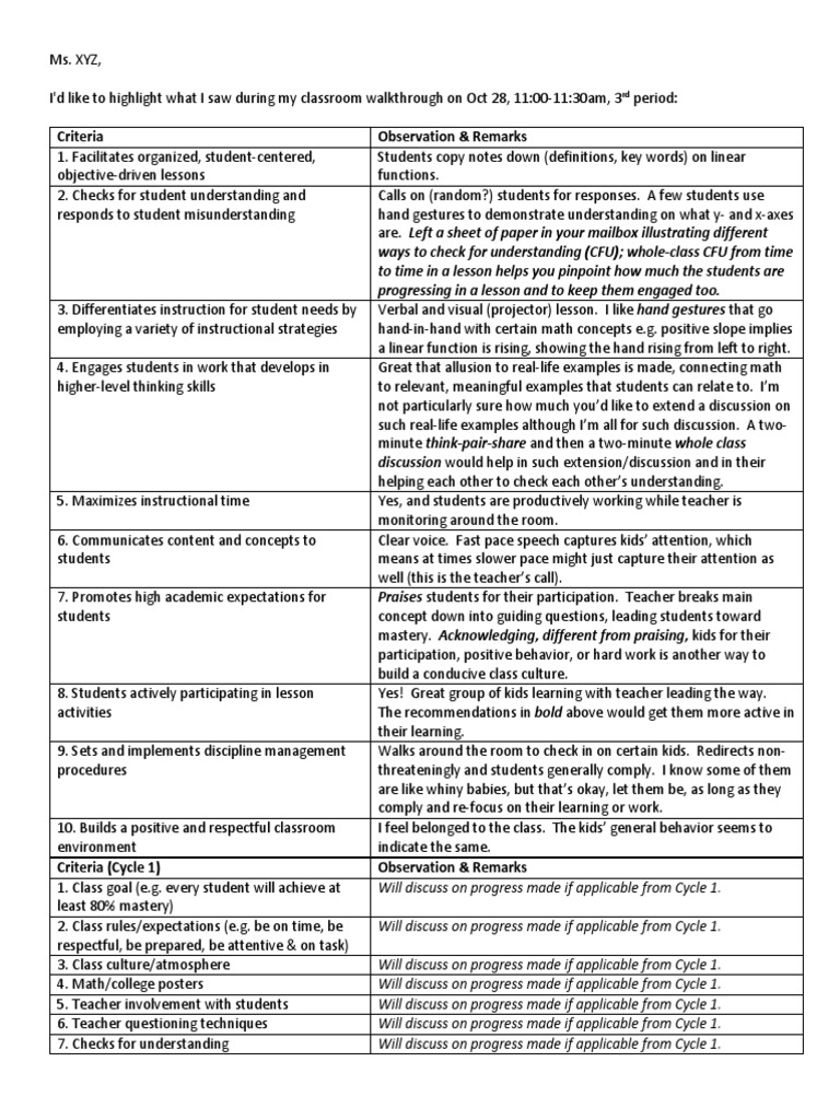 Sample Observation Notes 1 | PDF | Differentiated Instruction | Teachers