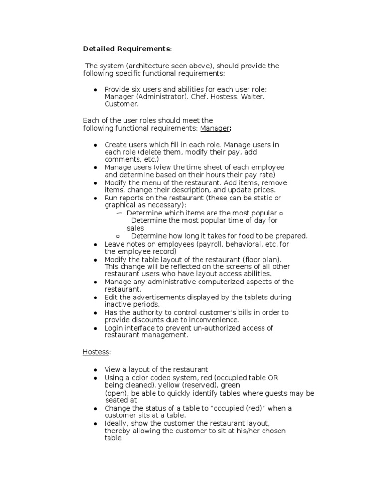 Detailed Requirements | PDF | Restaurants | Waiting Staff