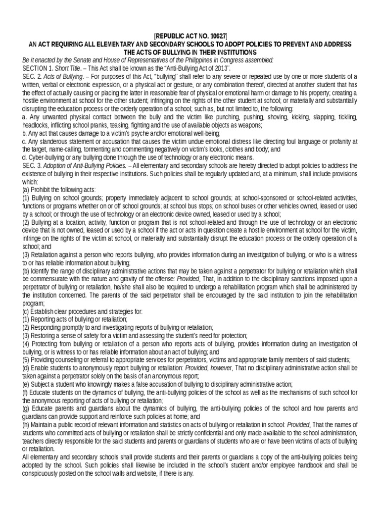 Republic Act No 10627 | PDF | Bullying | Social Institutions