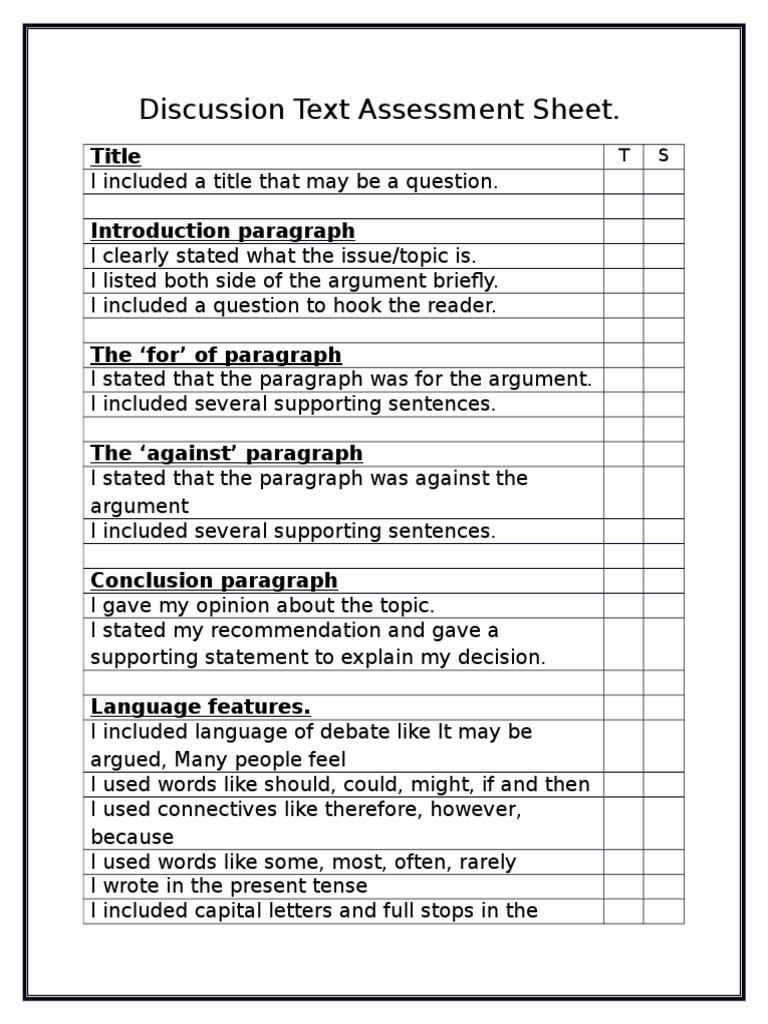 Discussion Text Assessment Sheet | PDF