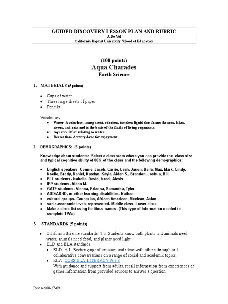 Guided Discovery Lesson Plan: Aqua Charades | PDF | Homework | Learning
