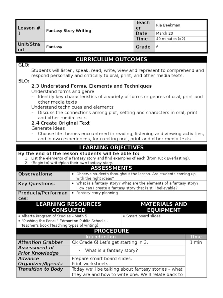 Grade 6 Fantasy Story Writing Lesson | PDF | Fantasy | Learning