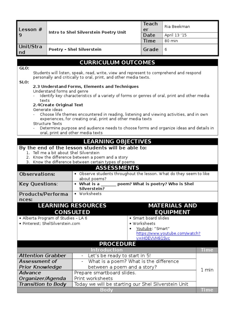 Lesson 9 - (April 13) - Intro To Shel Silverstein Poetry Unit | PDF ...