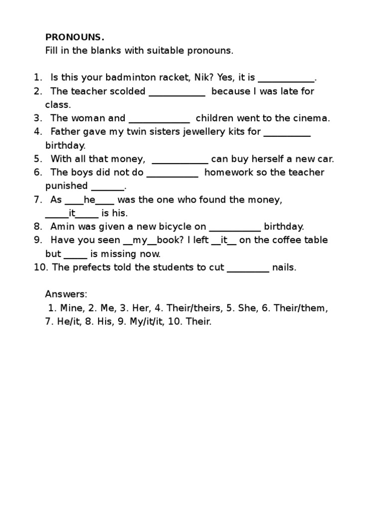 Pronoun Fill-in-the-Blank Exercise | PDF | Home & Garden