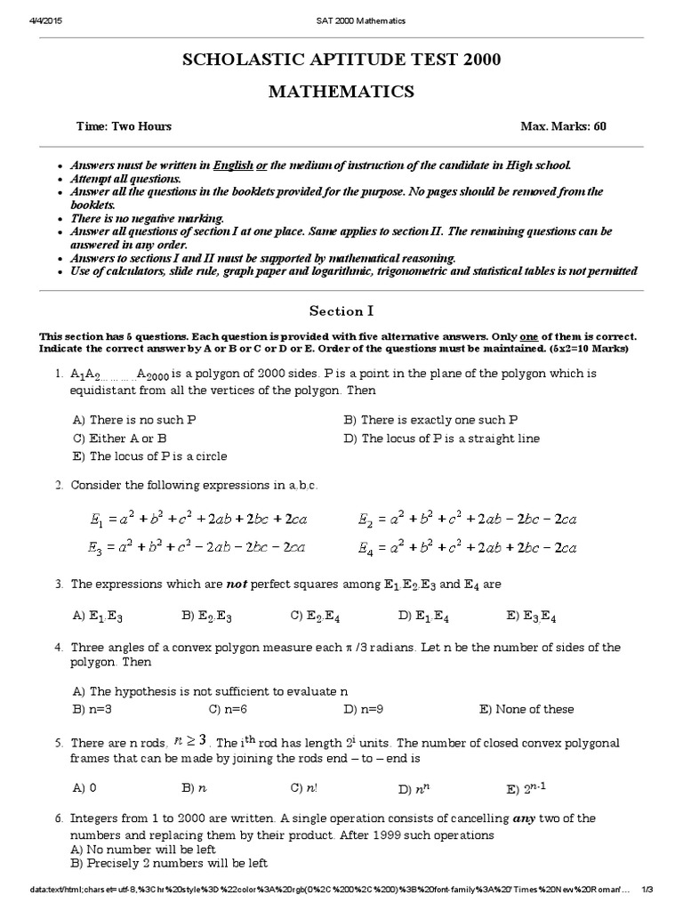 Scholastic Aptitude Test 2000 Mathematics: Section I | PDF | Triangle ...