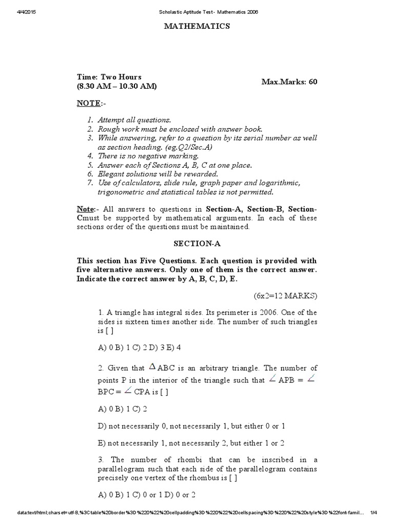 Scholastic Aptitude Test - Mathematics 2006 | PDF | Triangle | Polynomial