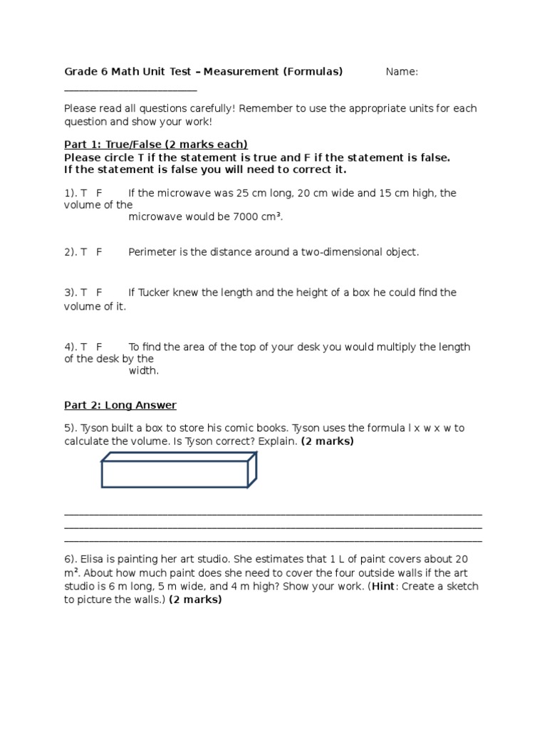 Grade 6 Math Measurement Test | PDF