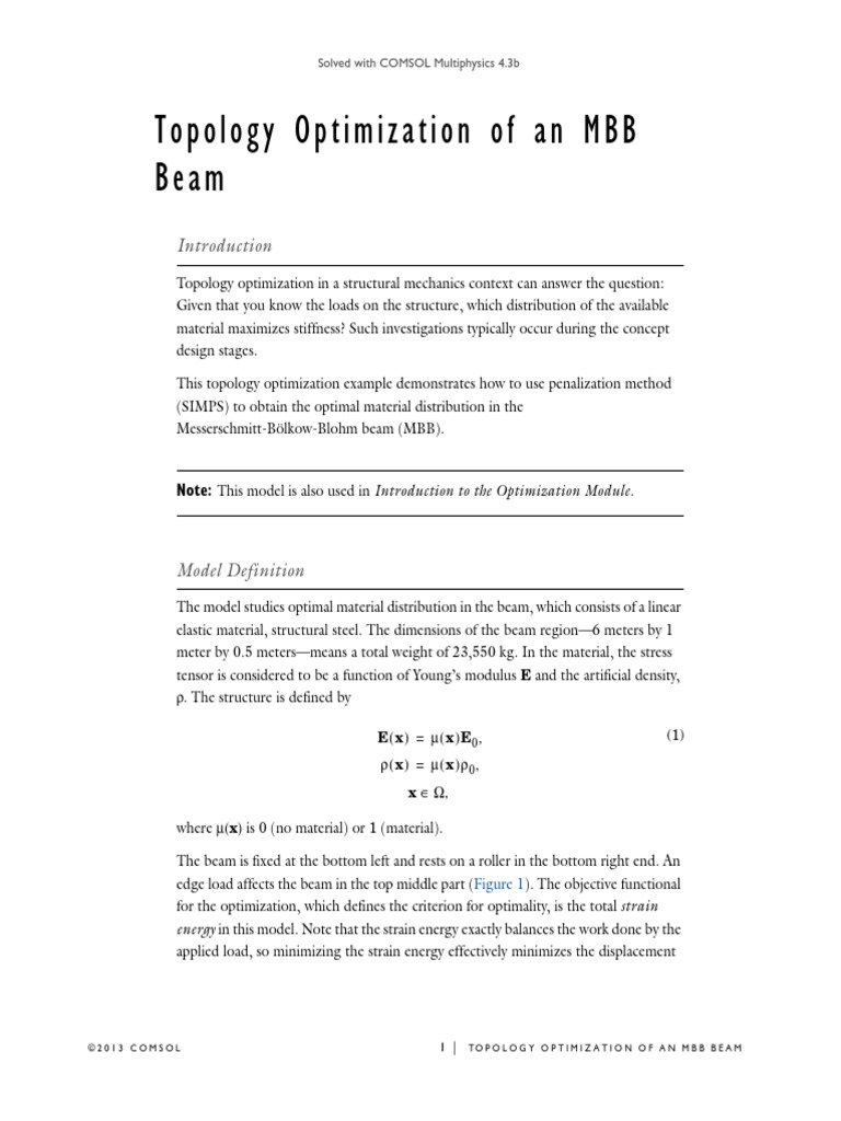 Topology Optimization Of An Mbb Beam Using Comsol Multiphysics Pdf Mathematical Optimization