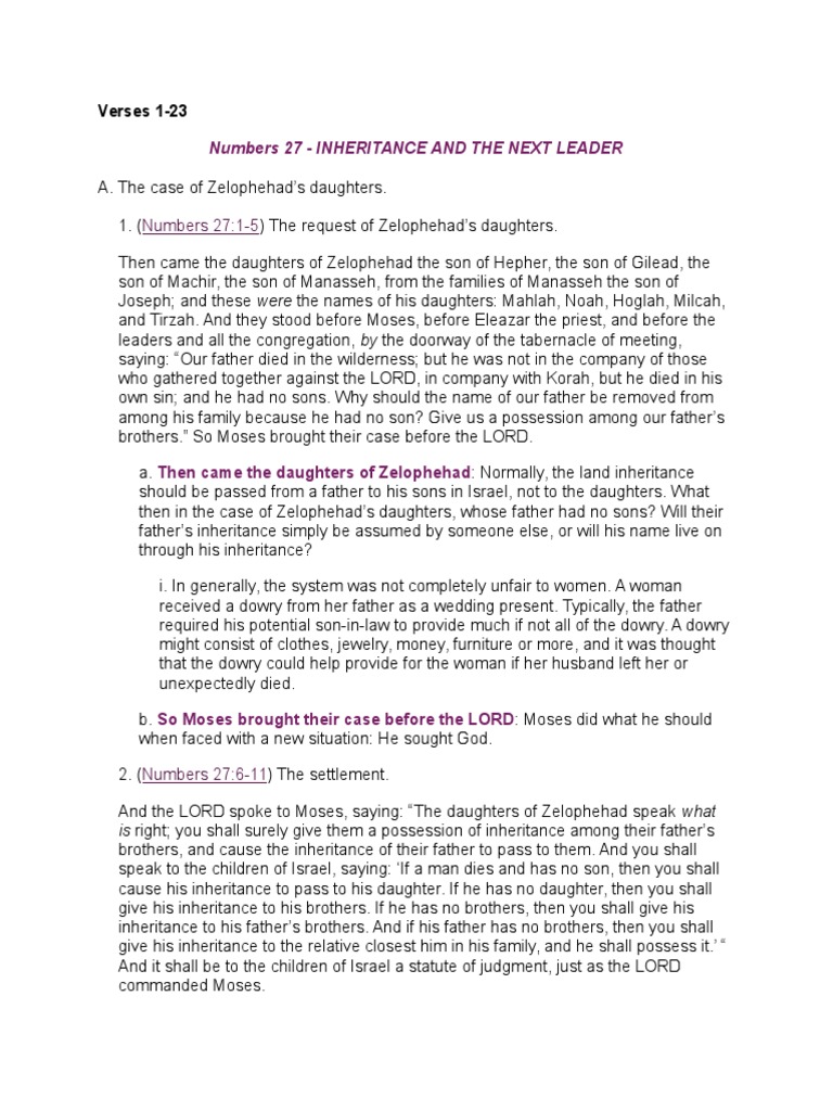 Numbers 27:1-5: Numbers 27 - Inheritance and The Next Leader | Download ...