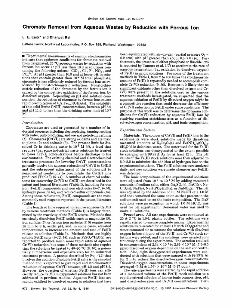 Chromate Removal from Wastewater via Ferrous Ion Reduction | PDF ...