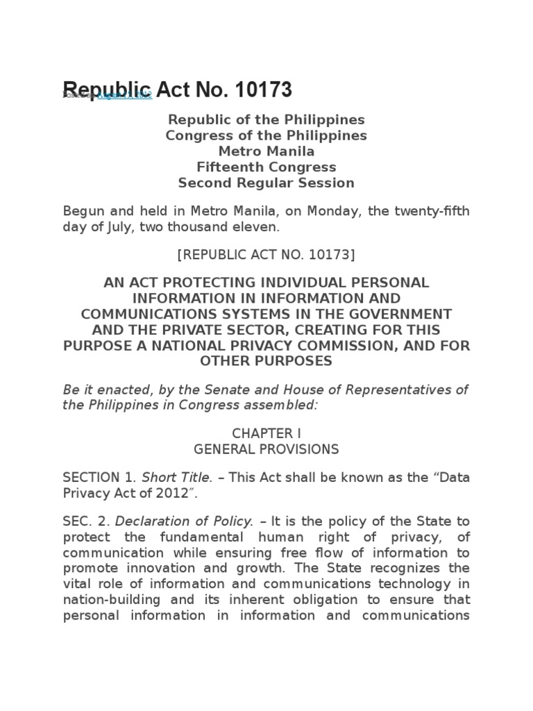 Republic Act No 10173 | Personally Identifiable Information | Computer ...