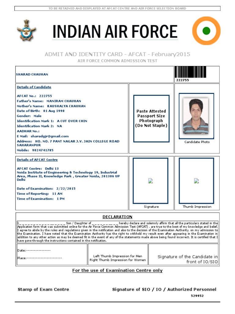 Admit and Identity Card Afcat February2015: Air Force Common Admission ...