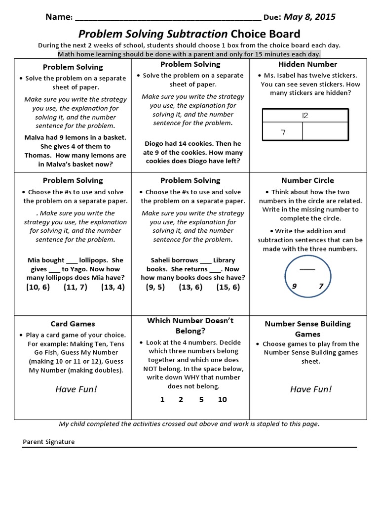 Hl-Problem Solving Subtraction - Tic-Tac-Toe Choice Board 2015 | PDF ...