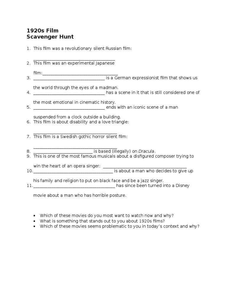 1920s Film Scavenger Hunt Guide | PDF