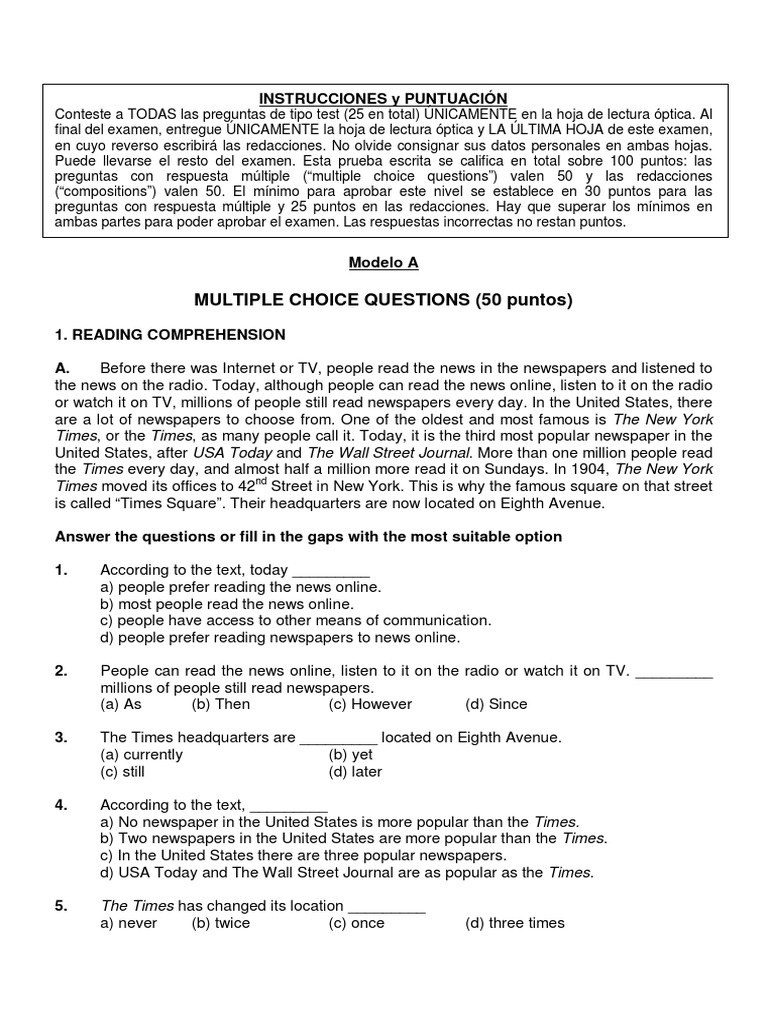Multiple Choice Questions (50 Puntos) : Instrucciones Y Puntuación ...