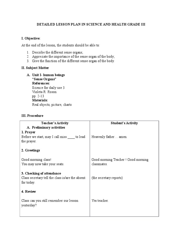 Detailed Lesson Plan in Science and Health Grade III | PDF | Senses ...
