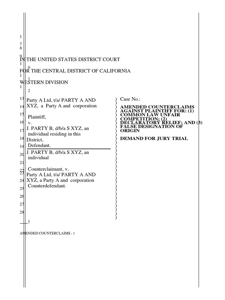 Amended Counterclaims Trademark Infringement | PDF | Declaratory Judgment | Trademark