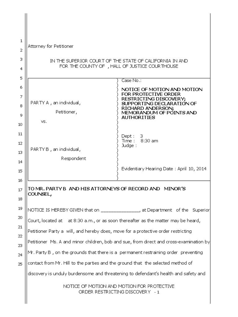 Motion for Protective Order Example | PDF | Mail | Discovery (Law)