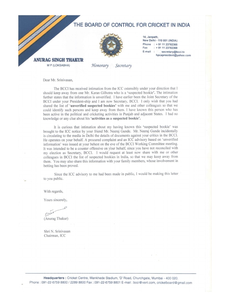 BCCI Secretary Letter | PDF