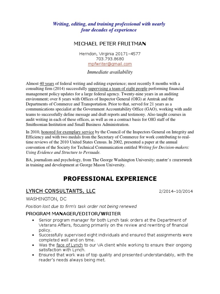 Writer Editor Proofreader Trainer in Washington DC Resume Michael ...