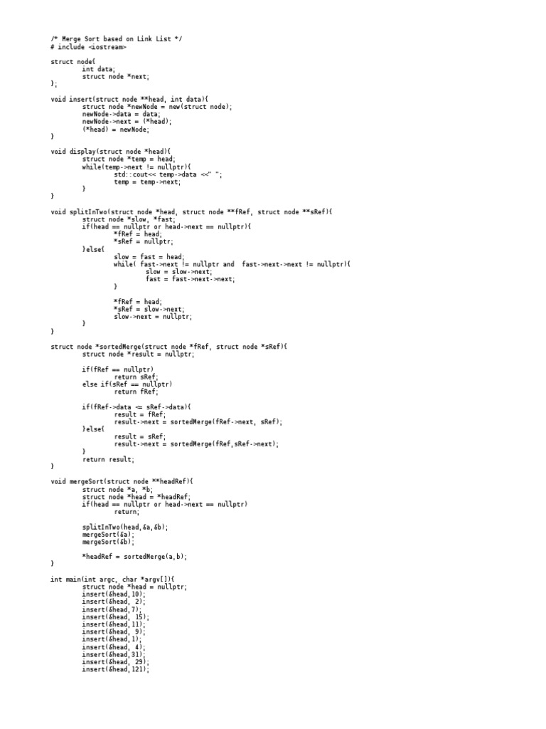 Merge Sort Based On Link List | PDF | Discrete Mathematics | Algorithms And Data Structures